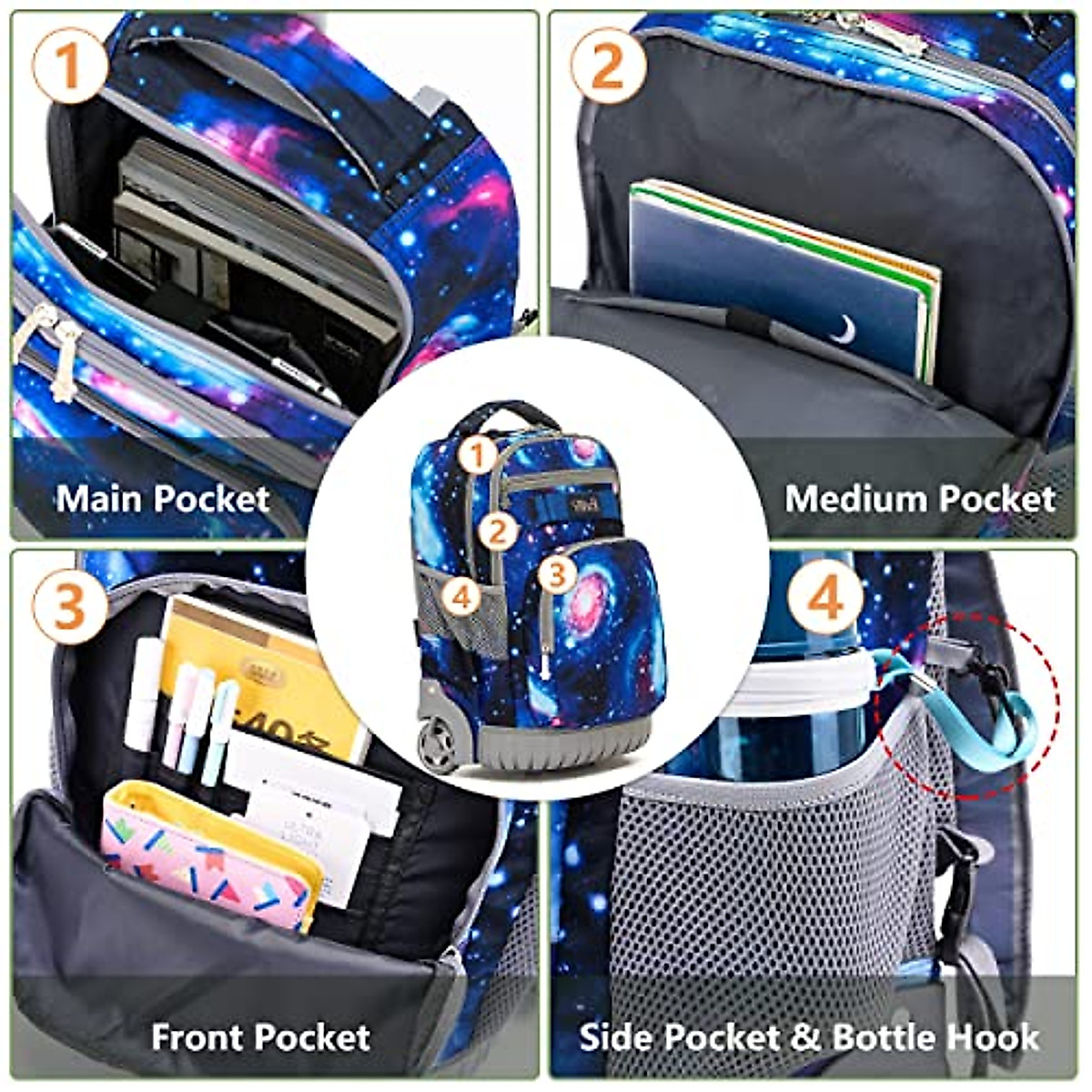 NEW TILAMI 18 Inch Rolling Backpack with Lunch Bag Wheeled Laptop Kids Backpack School Bags Trip Luggage, Deep Space