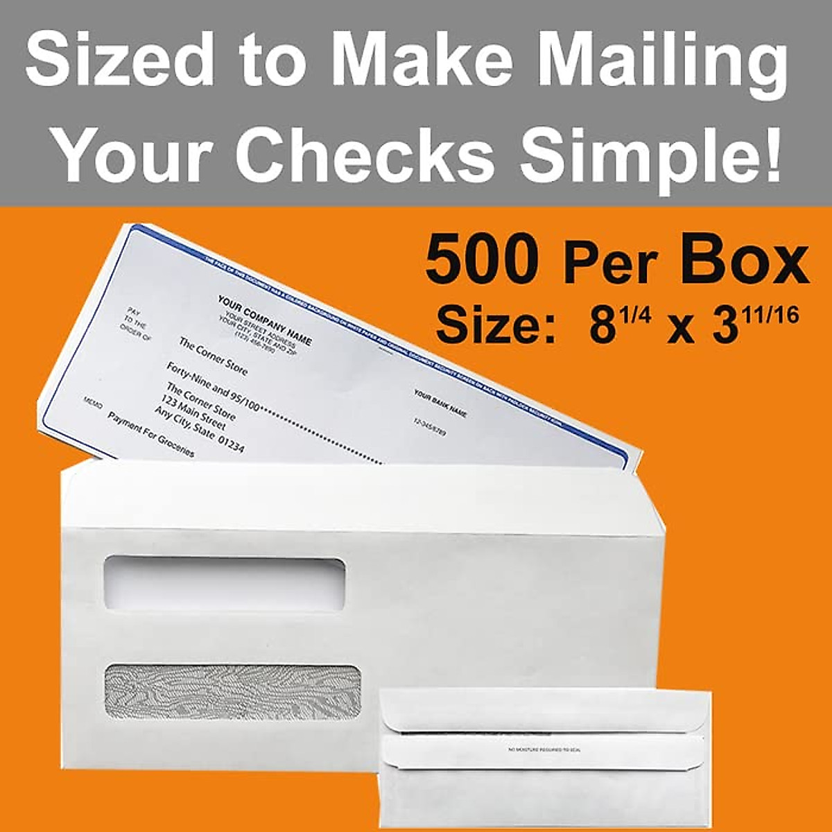 Checks for Less Check Envelopes, Double Window Envelopes, Tinted Security Envelopes, Wallet Check Envelopes for Software Compatible Checks (500 Envelopes, 6.25” x 3.5”)