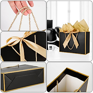 Gfractolux Gift Bags for Present, 2 Pcs Medium Gift Bags with Tissue Paper and Cards, Gift Bags for Birthdays, Baby Shower, Wedding, Party Favor, Holiday Presents 11"X7.9"X3.9" (Black and Gold)