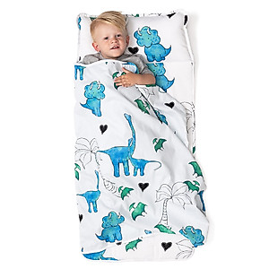 JumpOff Jo - Toddler Nap Mat - Sleeping Bag for Kids with Removable Pillow and Ultra Soft Blanket for Preschool, Daycare, and Sleepovers - Blue Dino