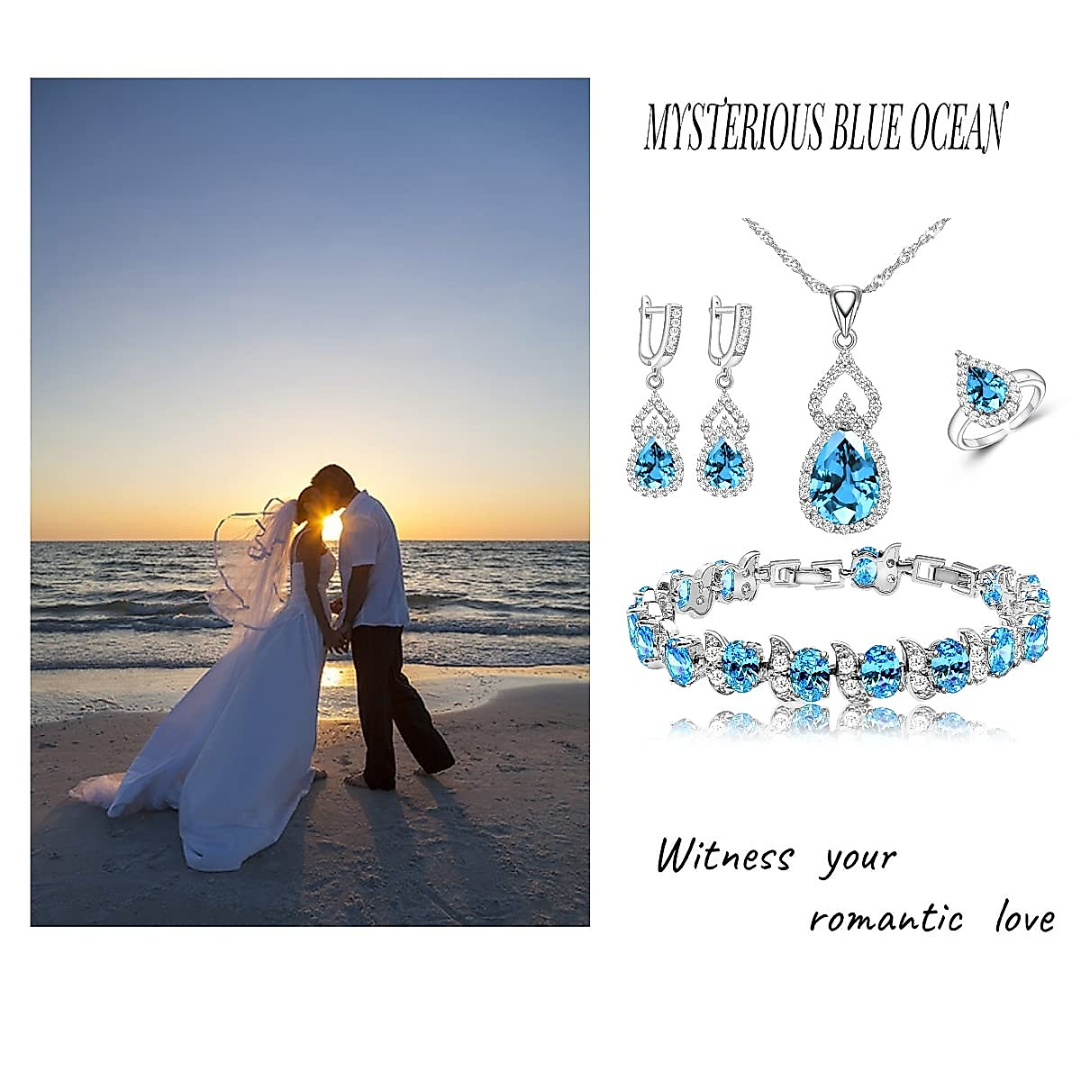 LMXXVJ Sky Blue Crystal Necklace Earrings Bracelet Adjustable Ring Set for Women White Gold Plated Wedding Party Jewelry Sets with Water Drop Shaped Stone
