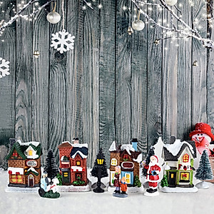 ELECLAND 12Pcs Christmas Village Sets, Christmas Village Houses with Bottle Brush Trees Christmas Figurines, Mini Christmas Trees Christmas Village Accessories for Christmas Home Decorations