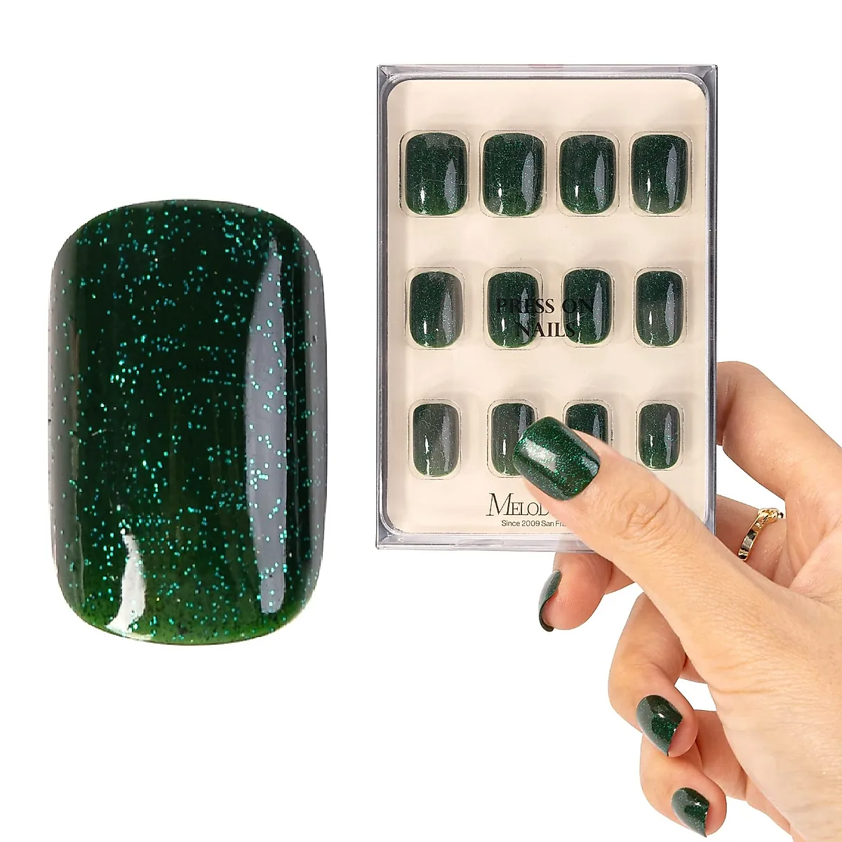 MelodySusie Press on Nails Short Square Acrylic Fake Nails Kits Press on False Supremely Fit & Natural Nails Stick On Nails in 30pcs 12Sizes Disposable Manicure for Women and Girls, Forest Green