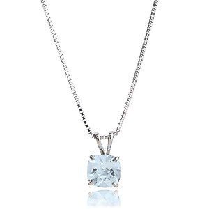 MAX + STONE 925 Sterling Silver 6mm Cushion Cut March Birthstone Aquamarine Solitaire Pendant Necklace for Women with 18 inch Box Chain