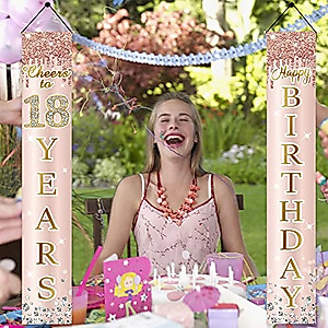 18th Birthday Door Banner Decorations for Girls, Pink Rose Gold Happy Eighteen Birthday Door Porch Backdrop Party Supplies, Happy Birthday Cheers To 18 Years Sign Decor