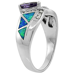 Sterling Silver Blue Synthetic Opal Teardrop Ring for Women White & Amethyst CZ 1/2 inch size 7