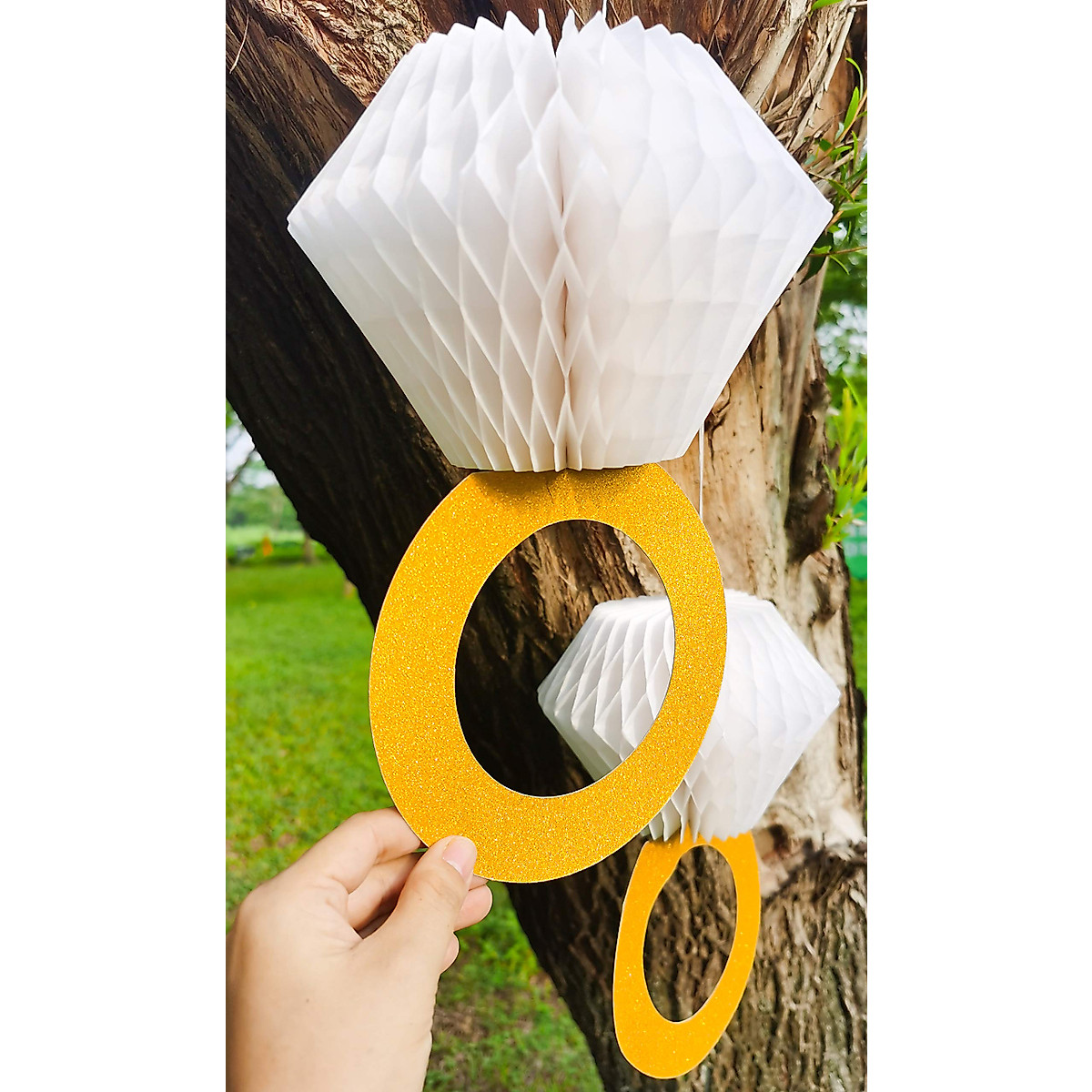 Bridal Shower Decoration,Engagement Party Supplies,Bachelorette Party Favor,She Said Yes Engaged Diamond Ring,Glitter Gold Honeycomb Ring Hanging Decorations Set of 6