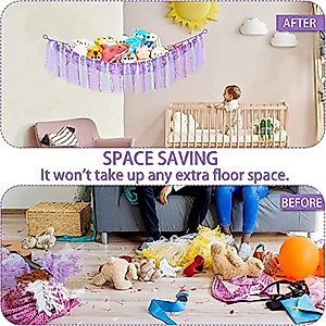 Stuffed Animal Hammock, Stuffed Animal Storage Net, Hanging Plush Net Hammock for Dolls, Toy Hammock Holder Boho Wall Corner Hammock Organizer inc Hooks, Stuffed Animal Toy Bags & Nets (Purple)