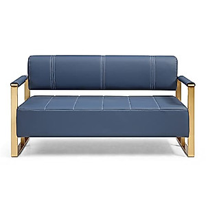BIAYE Set 57.9" Width Modern Upholstery Faux Bonded Leather Loveseat Living Room Accent Love Seats for Small Spaces 2 Seater Couch Sofa Studio Furniture with Golden Metal Arms,Blue