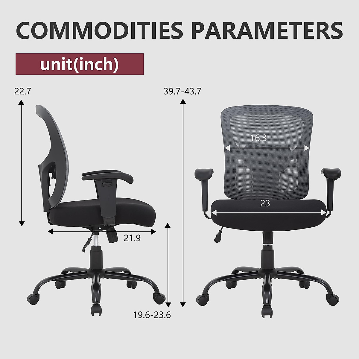 Big and Tall Office Chair 400lbs Desk Chair Mesh Computer Chair with Lumbar Support Wide Seat Adjust Arms Rolling Swivel High Back Task Executive Ergonomic Chair for Home Office (Grey)