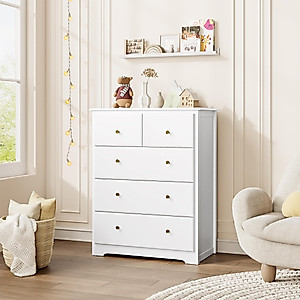 HOUSUIT Dresser with 5 Drawers, Tall Dresser Chest of Drawers, 5 Drawer Dresser with Deep Space, Wood Dresser Storage Cabinet for Living Room, Hallway, Entryway, Office, White