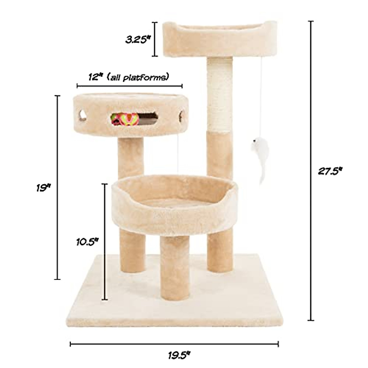 PETMAKER 3-Tier Cat Tower Collection - 2 Carpeted Napping Perches, Sisal Rope Scratching Post, Hanging Mouse, and Interactive Cheese Wheel Toy
