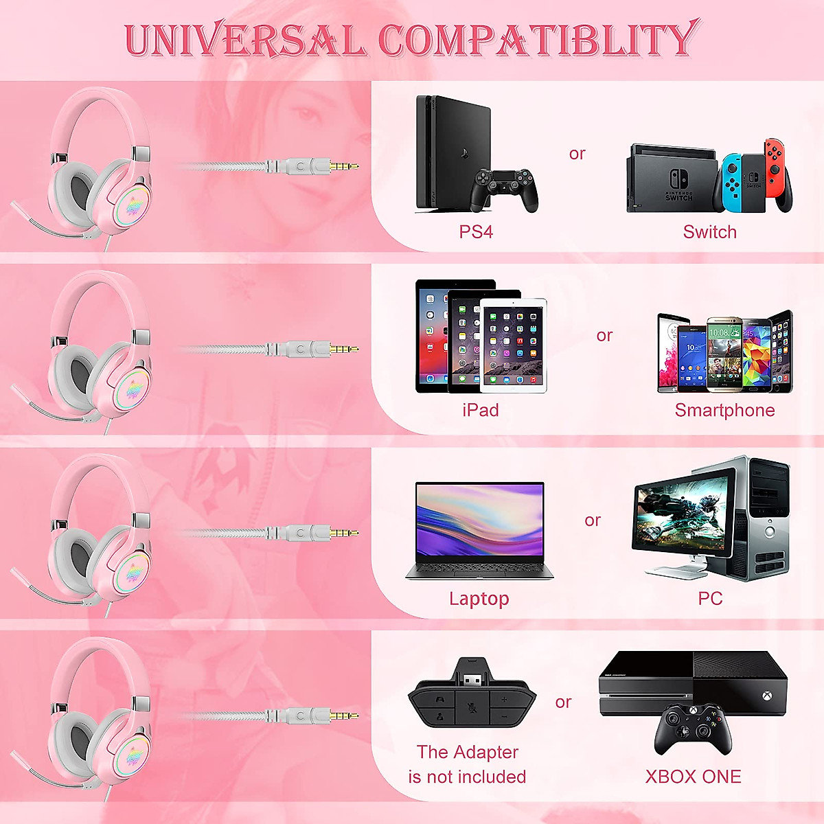 HOLULU Foldable Pink Gaming Headset Compatible with PS5 PS4 PC Mobile Phone Tablet Xbox One(Adapter Not Included), with Detachable Noise Canceling Mic, 3.5mm & USB C Plug, for Adults & Kids