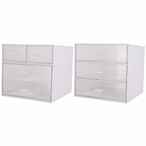 CYEAH Desk Organizer Set of 2 with 3 & 4 Drawers, Stackable Plastic Storage Drawers, Makeup Desktop Drawer Organizer, Desk Storage Box, Bathroom Organization Boxes Suitable for Office, School, Home