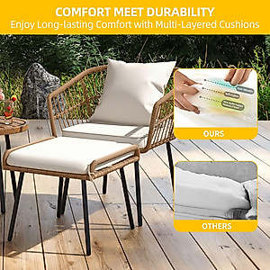 DWVO Patio Furniture Set, 5 Pieces Wicker Outdoor Patio Bistro Set with Ottomans Footrest and Side Table for Porch Balcony Yard Garden Backyard Poolside, Beige