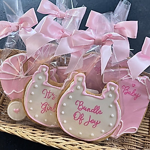 Pink Girl Baby Shower Assortment Cookies- 6 Decorated Crunchy Shortbread Cookies Individually Wrapped With Bow by BakersDozenToGo