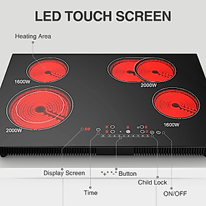 Electric Cooktop 30 Inch, 7200W Electric Stove Top with 4 Burners 220-240v, ANHANE Electric Ceramic Cooktop, 9 Heating Levels, Timer & Kid Safety Lock, Suitable for all Cookware, Without Plug