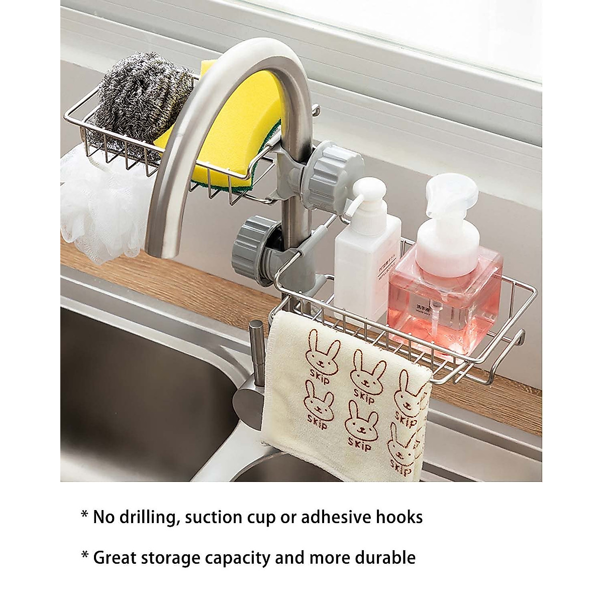 Enhydra 3 in 1 Sponge Holder for Kitchen Sink, Sink Area Saving Faucet Rack Stainless Steel Sink Caddy, Dish Rag Hanging