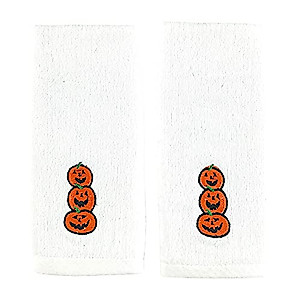 Serafina Home Decorative Halloween Tip Towels: Plush White Embroidered Cotton Jack O Lantern Pumpkin Design, 2 Piece Set, 11" x 18" Inch Each