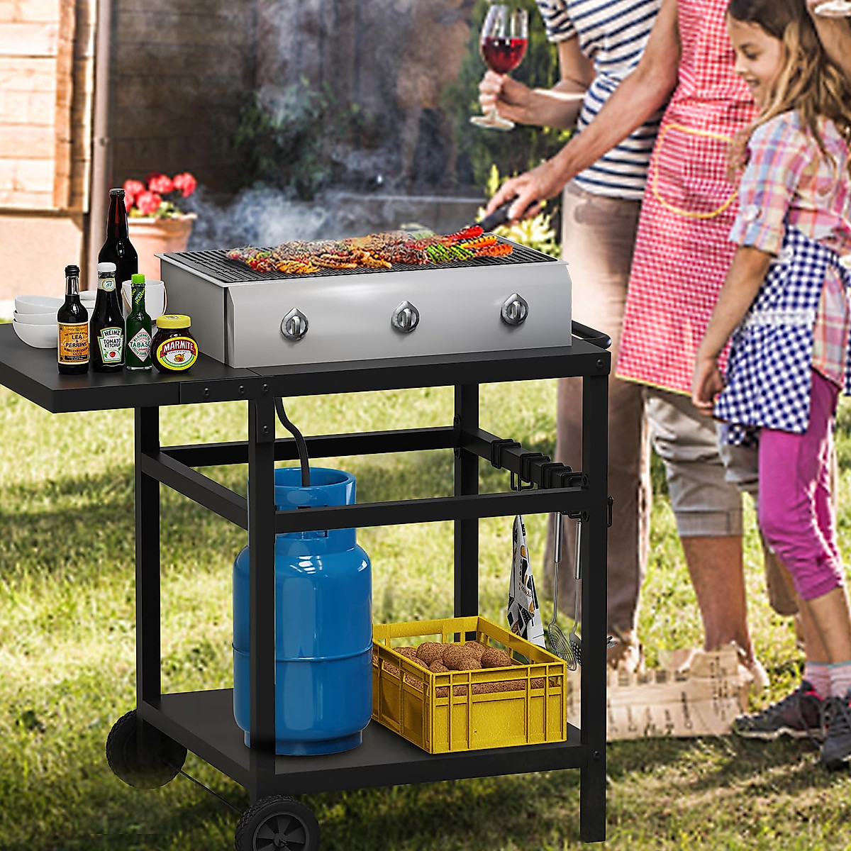 RAXSINYER Double-Shelf Grill Table Outdoor Grill Cart Movable BBQ Table Multifunctional Food Prep Table