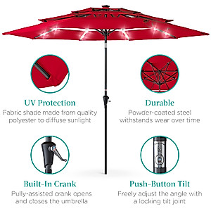 Best Choice Products 10ft 3-Tier Solar Patio Umbrella, Outdoor Market Sun Shade for Backyard, Deck, Poolside w/ 24 LED Lights, Tilt Adjustment, Easy Crank, 8 Ribs - Red