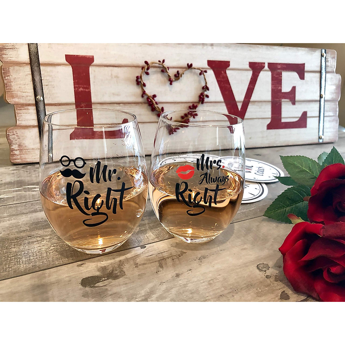 Vino O'clock Mr Right and Mrs Always Right Wine Glasses Gift Set For Bridal Shower, Married Couples, Weddings, Engagements, Newlyweds, Anniversary / 16oz