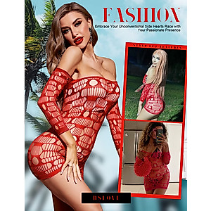 RSLOVE Womens Fishnet Lingerie Babydoll Bodysuit Sexy Chemise Dress Exotic Beach Cover Up Red