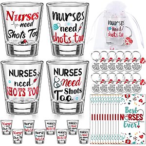 FoldTier 48 Pieces Nurse Gifts Include 12 Nurse Shot Glasses 1.8 Oz 12 Keychains 12 Gift Bags 12 Cards Nurse Appreciation Gifts for Nursing Students Graduation Gift Funny Birthday Presents School Gift