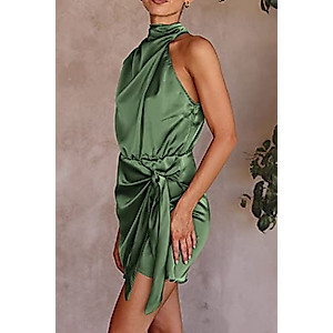 PRETTYGARDEN Women's Short Formal Satin Dress 2023 Summer Sleeveless Mock Neck Tie Waist Cocktail Party Dresses (Army Green,Small)