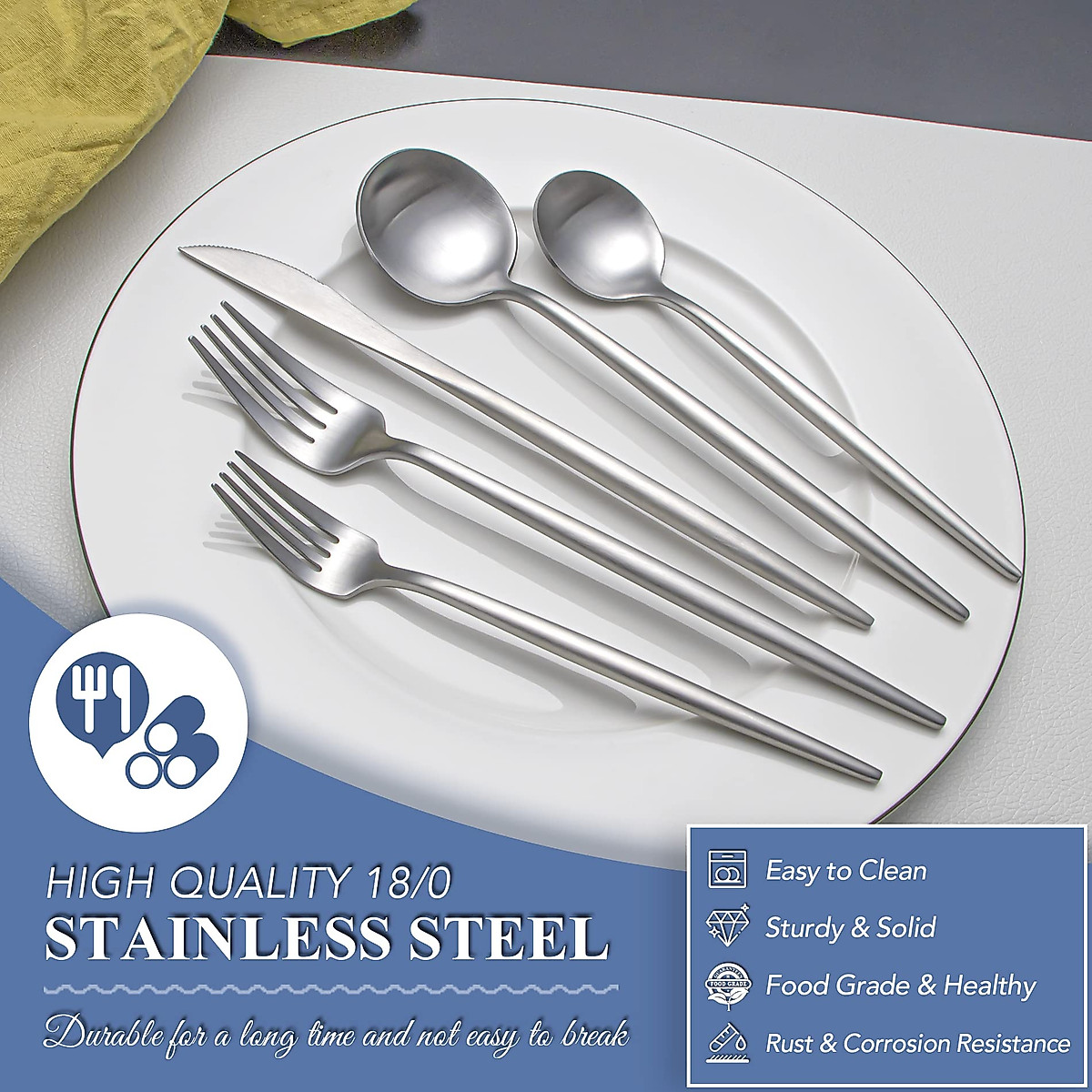40 Piece Silverware Set Service for 8, EIUBUIE Premium Stainless Steel Cutlery Set, Matte Finish Unique Flatware Sets, Modern Kitchen Tableware Eating Utensil Sets Include Spoons Forks Knives