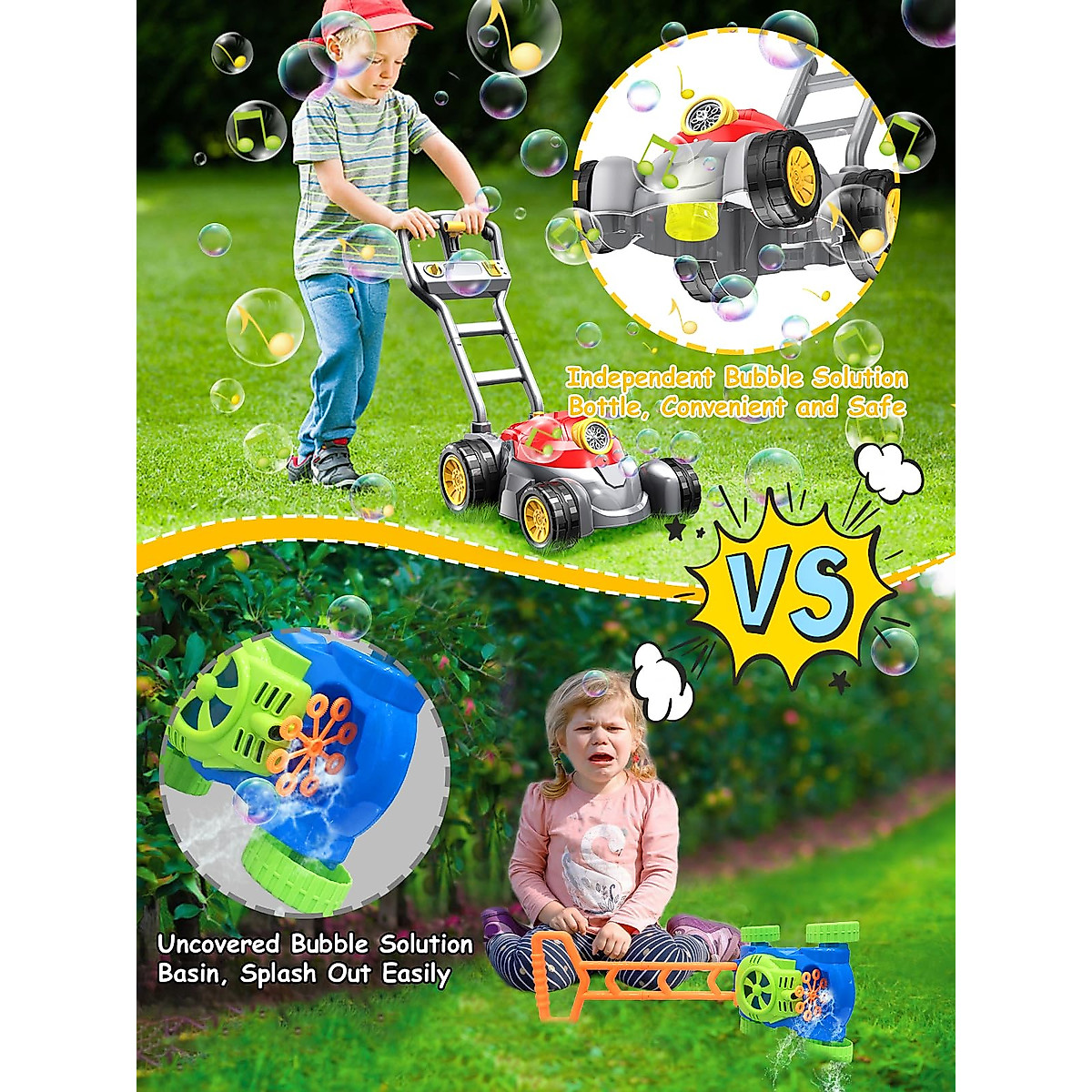 (Upgraded) Bubble Lawn Mower, BEYYON Red Lawn Mower Bubble Machine for Kids, Bubble Machine for Toddlers 1-6 Outdoor, Gardening Push Lawn Mower Toys Birthday Gifts for Preschool Kids Boys, Girls