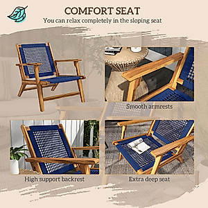 Outsunny Patio Acacia Wood Adirondack Chair, Modern Wood Fire Pit Chair with PP Rope Weave, Coconino Lounge Chair with High Backrest Support, Dark Blue
