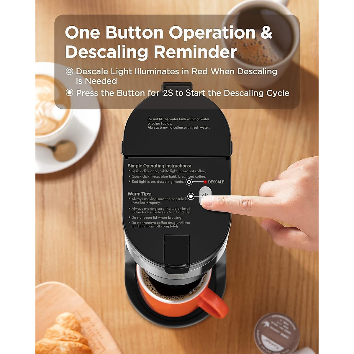 SIFENE Mini Coffee Maker Single Serve Instant Coffee Brewer, One Cup for K Pod & Ground Coffee, Capsule Coffee Machine with Water Window and Descaling Reminder (Black)