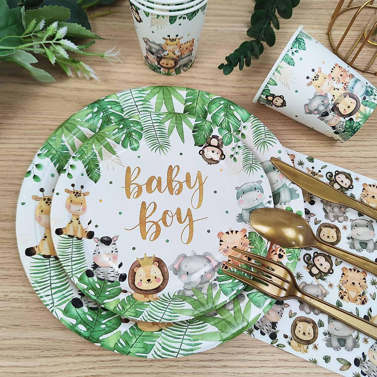 175Pcs Safari Baby Shower Decorations Plates Set, Jungle Theme Zoo Animals Plates Napkins Cups and Cutlery for 25 Guests