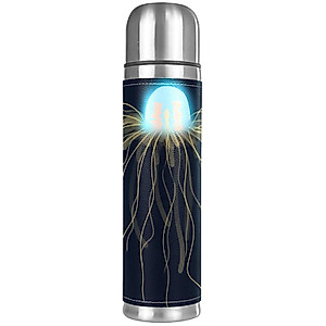Stainless Steel Leather Vacuum Insulated Mug Jellyfish Thermos Water Bottle for Hot and Cold Drinks Kids Adults 16 Oz