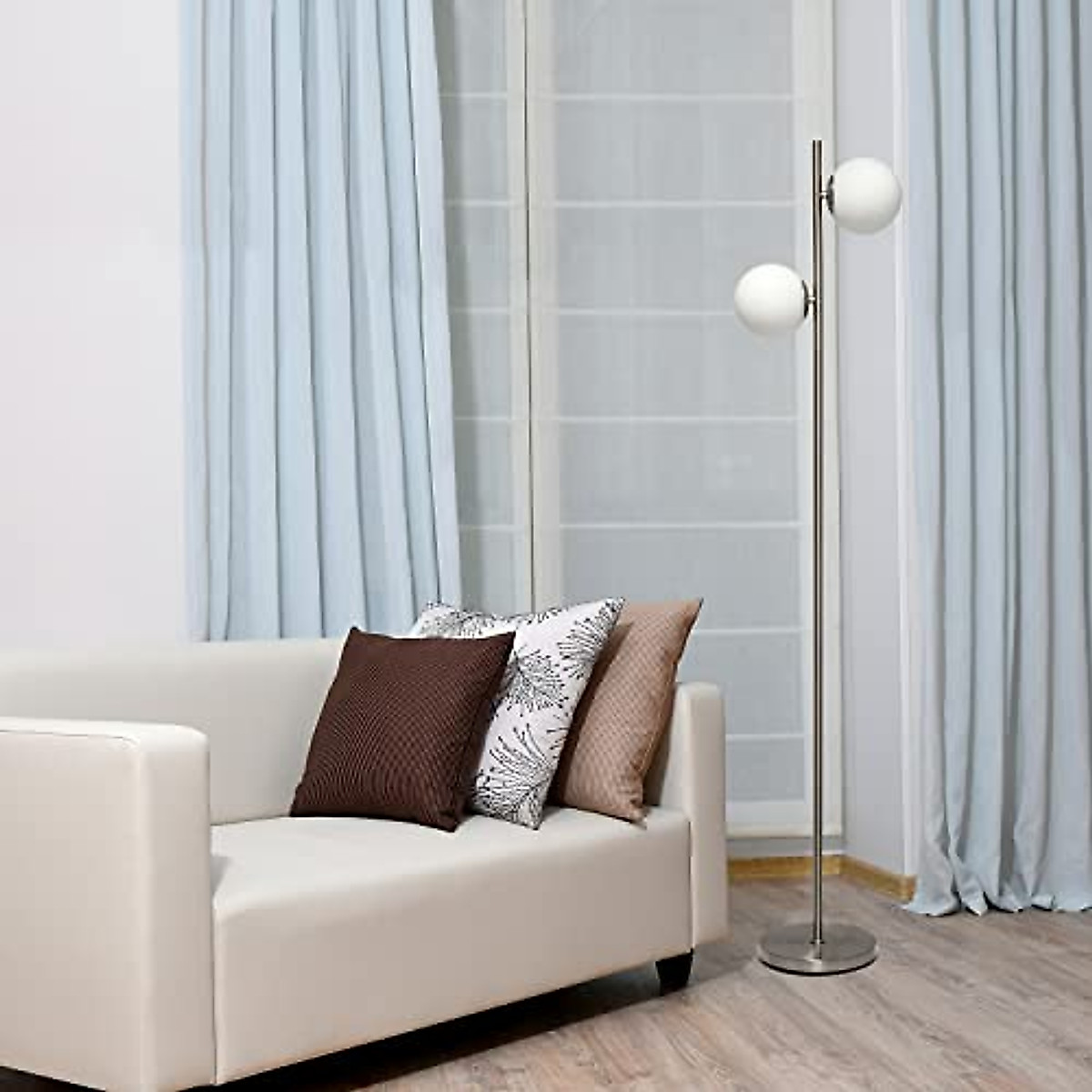 Simple Designs LF1044-BSN 66" Tall Mid Century Modern Standing Tree Floor Lamp w Dual White Glass Globe Shade for Study, Living Room, Bedroom, Entryway, Brushed Nickel