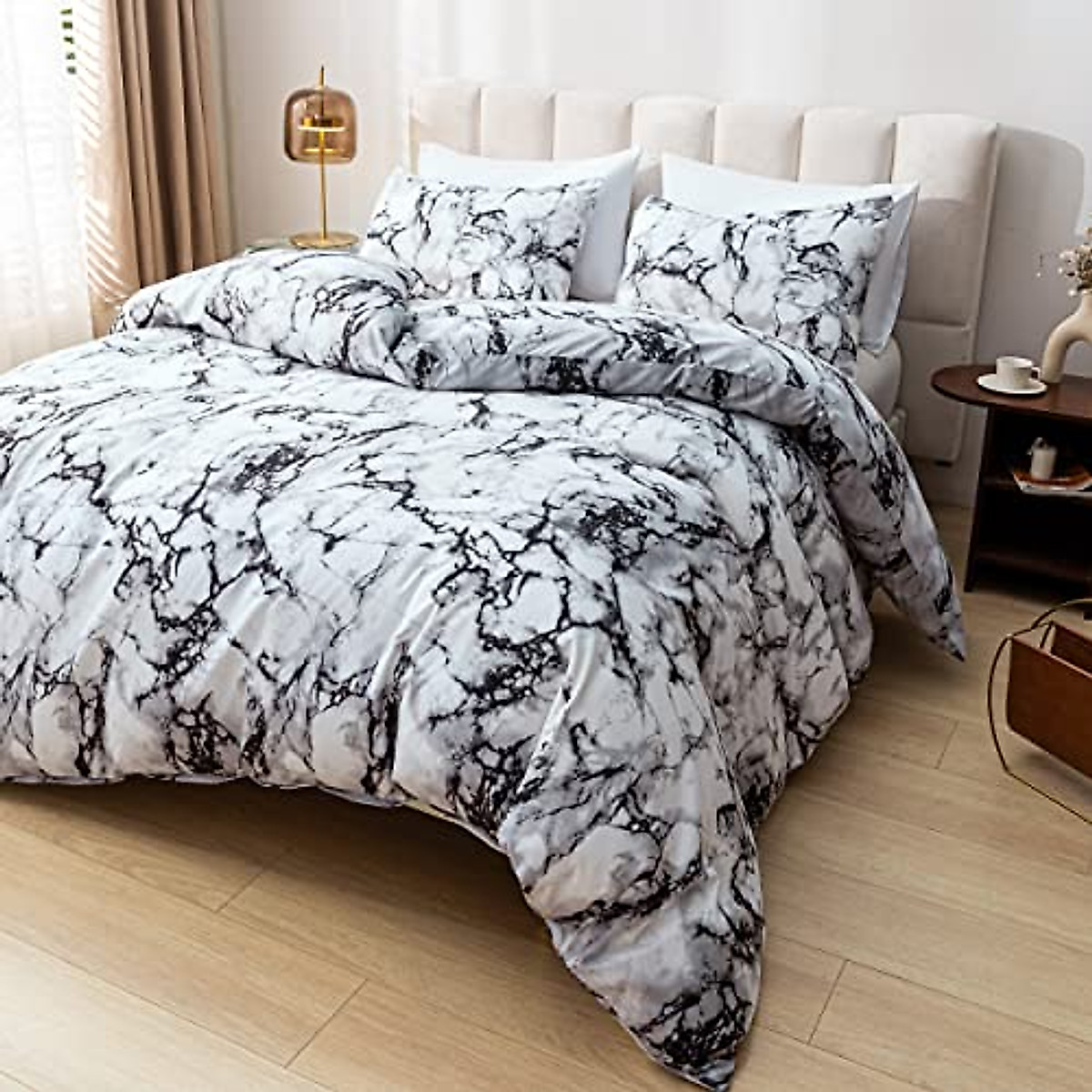 Smoofy Queen Marble White Comforter Set, White Marble Pattern Printed Soft Fabric with Brushed Microfiber Full Bed Sheets Fill Bedding Sets(1 Comforter, 2 Pillowcases)