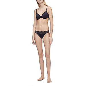 Calvin Klein Women's Micro with Lace Band Thong Panty, Black, Large