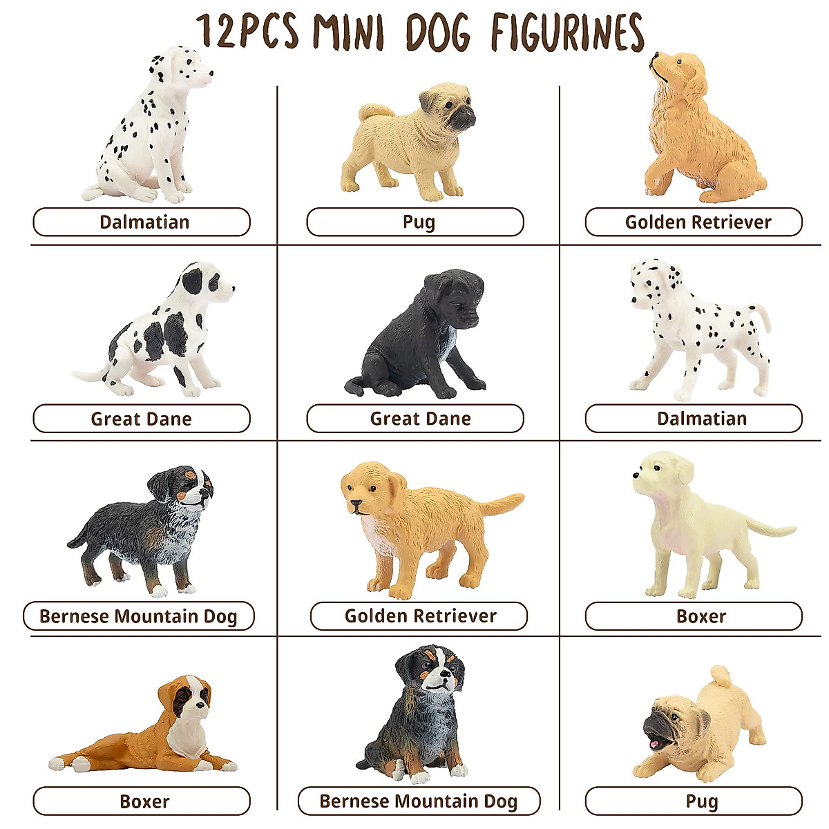 Toymany 12PCS Mini Dog Figurines Playset, Realistic Detailed Plastic Puppy Figures, Hand Painted Emulational Tiny Dogs Animals Toy Set, Cake Toppers Christmas Birthday Gift for Kids Toddlers