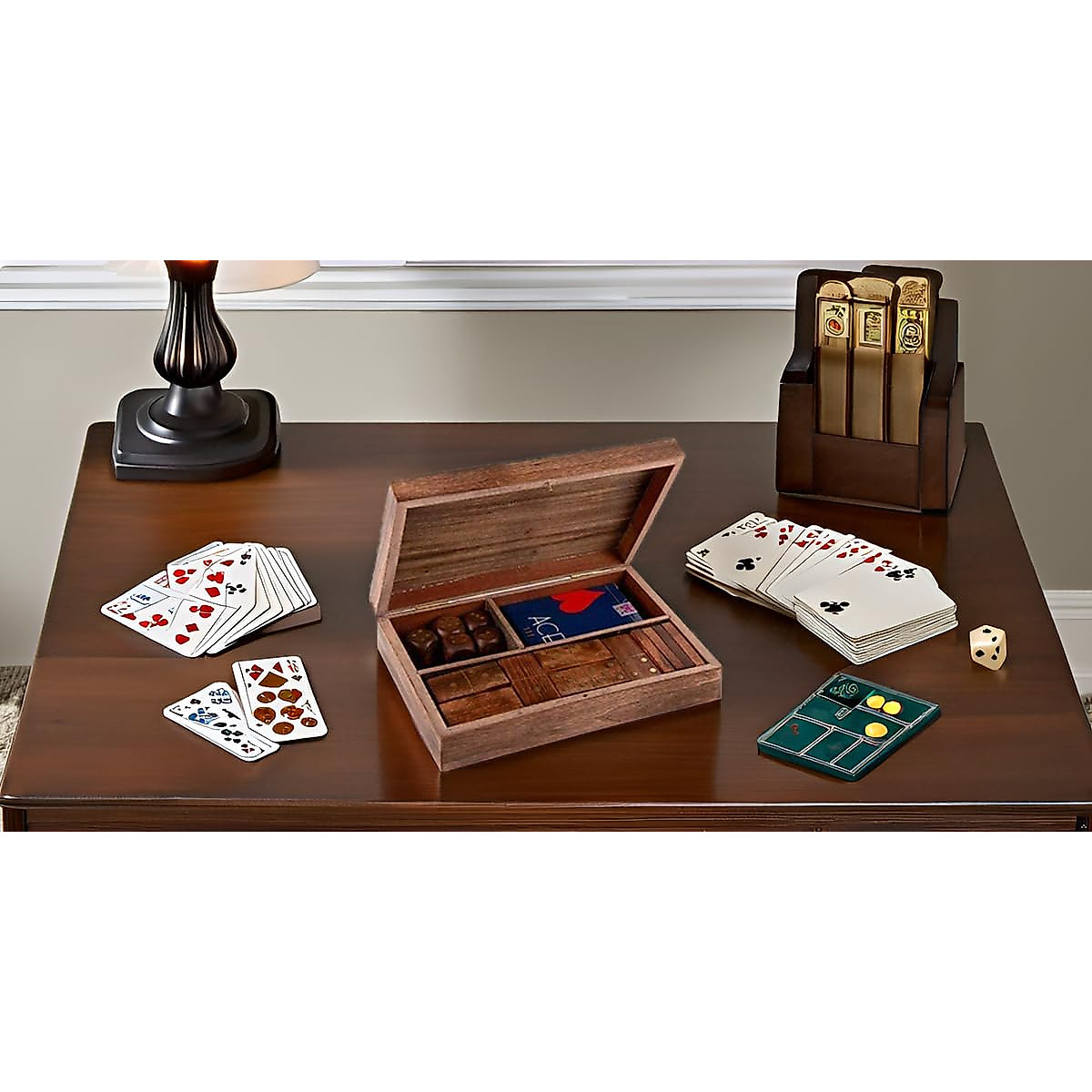 Great Gift Ideas Wooden Playing Card Box with 5 Dice & 28 Dominoes Tiles Game Set Deck Pack Case Holder Storage Accessories Organizer with Playing Cards Classic Table Game