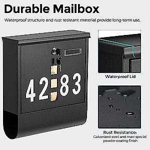 LAND·VOI Locking Mailbox with 4 Keys, Wall Mounted Metal Postbox，Nameplate, Newspaper Holder, Easy to Install, 3.4 x 11.8 x 13.3 Inches, Includes Vinyl Mailbox Numbers, Matt Black