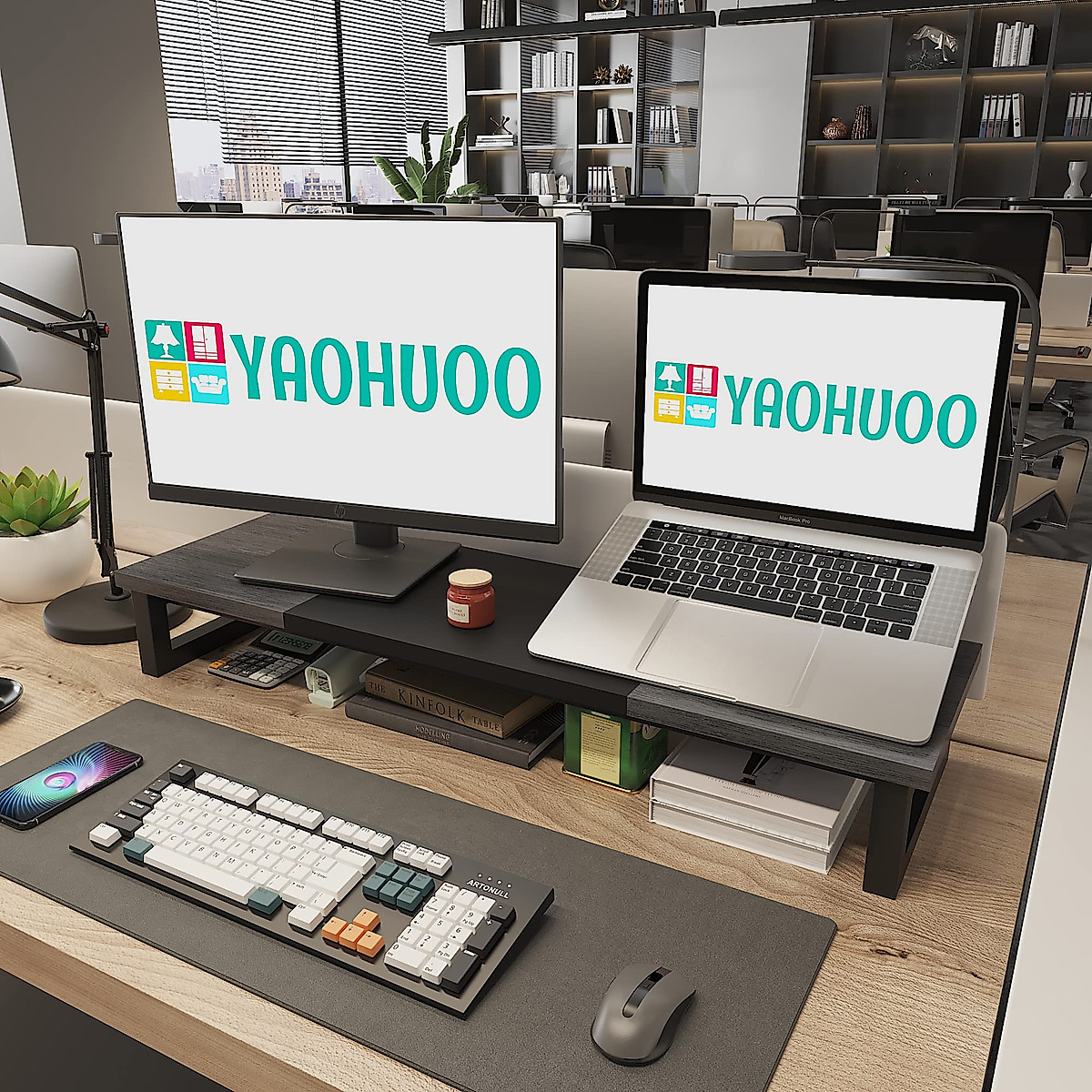 YAOHUOO Dual Monitor Stand Riser, Large Monitor Stands for 2 Monitors, Computer Monitor Stand, Wooden Desktop Oraganizer Shelf for Office Desk Computer,Laptop,TV