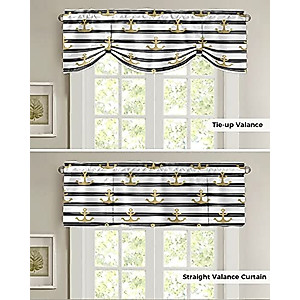 Tie Up Valance for Kitchen Windows, Nautical Theme Gold Anchor Tie-up Curtain Shade Valances 54x18In 1 Panel Rod Pocket Short Curtains Window Treatment for Living Room Home Decor Black White Stripes