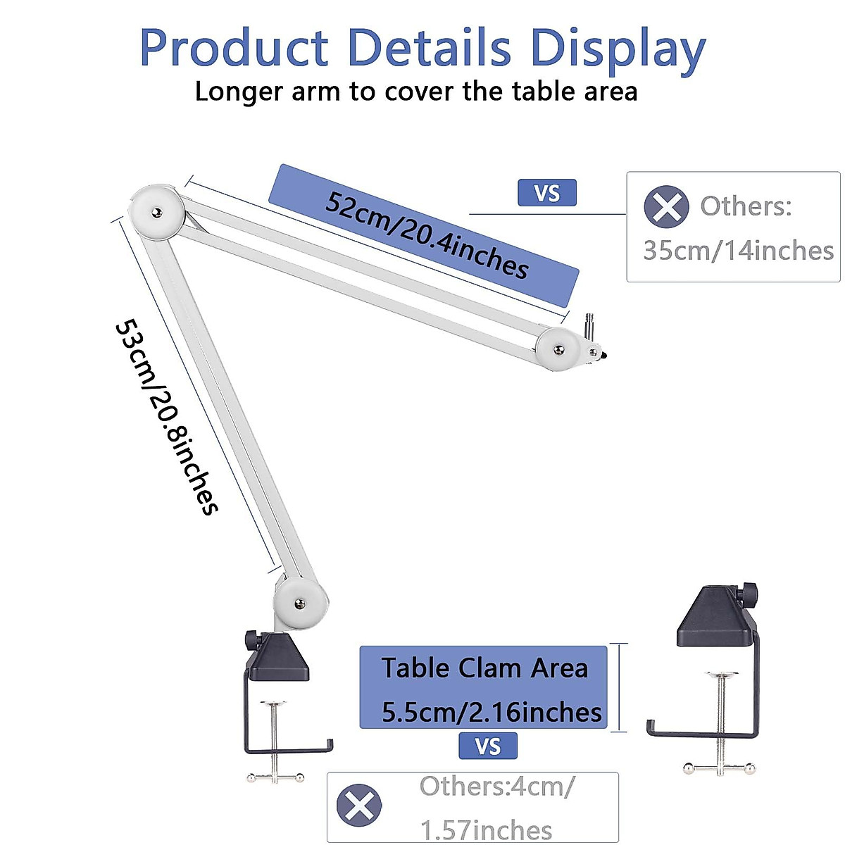 KOMISON Microphone Arm Stand, Mic Arm Microphone Suspension Scissor Boom Stands Heavy Duty and Cable Ties for Blue Yeti Snowball for Gaming, Recording, Quadcast (MS-white)