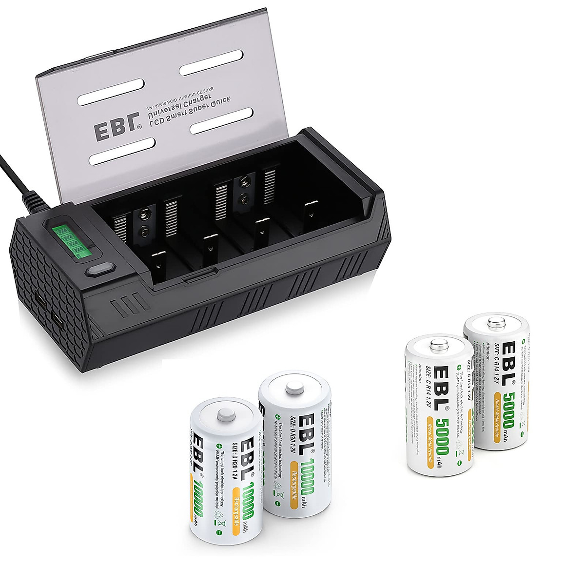 EBL C Size Rechargeable Batteries (2 Pack) and D Rechargeable Batteries (2 Pack) with Upgraded LCD AA AAA C D 9V Battery Charger with 2 USB Port & Discharge Function