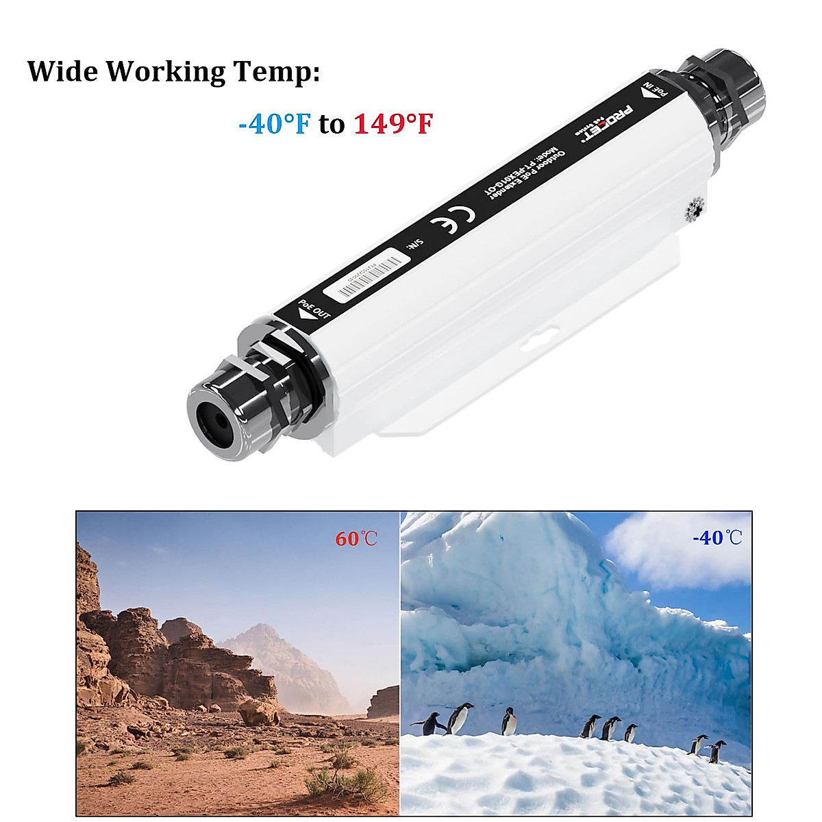 PROCET Gigabit PoE Extender Outdoor, Aluminum Alloy IP67 PoE Repeater, Output 802.3af/at, 6KV Surge Protection, Expand 328FT, Wide Working Temp -40℉ to 149℉, PT-PEX01G-OT