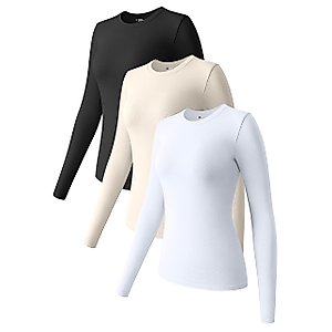 OQQ Womens 3 Piece Long Sleeve Tops Crew Neck Stretch Fitted Underscrubs Layer Tee Shirts 2025 Casual Outfits Black Beige White