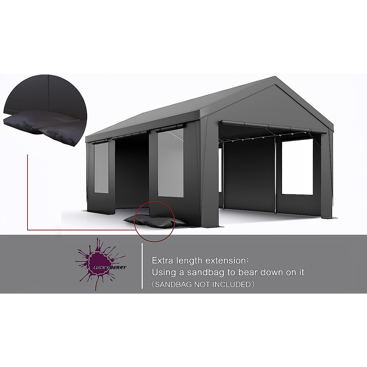 Luckyberry 12'x 20' Heavy Duty Carport Portable Tent,Waterproof，UV-Protection Carport Garage with Removable Sidewalls & Doors for Quick-Setup Carport Car, Truck, Boat with All-Season Tarp, Grey