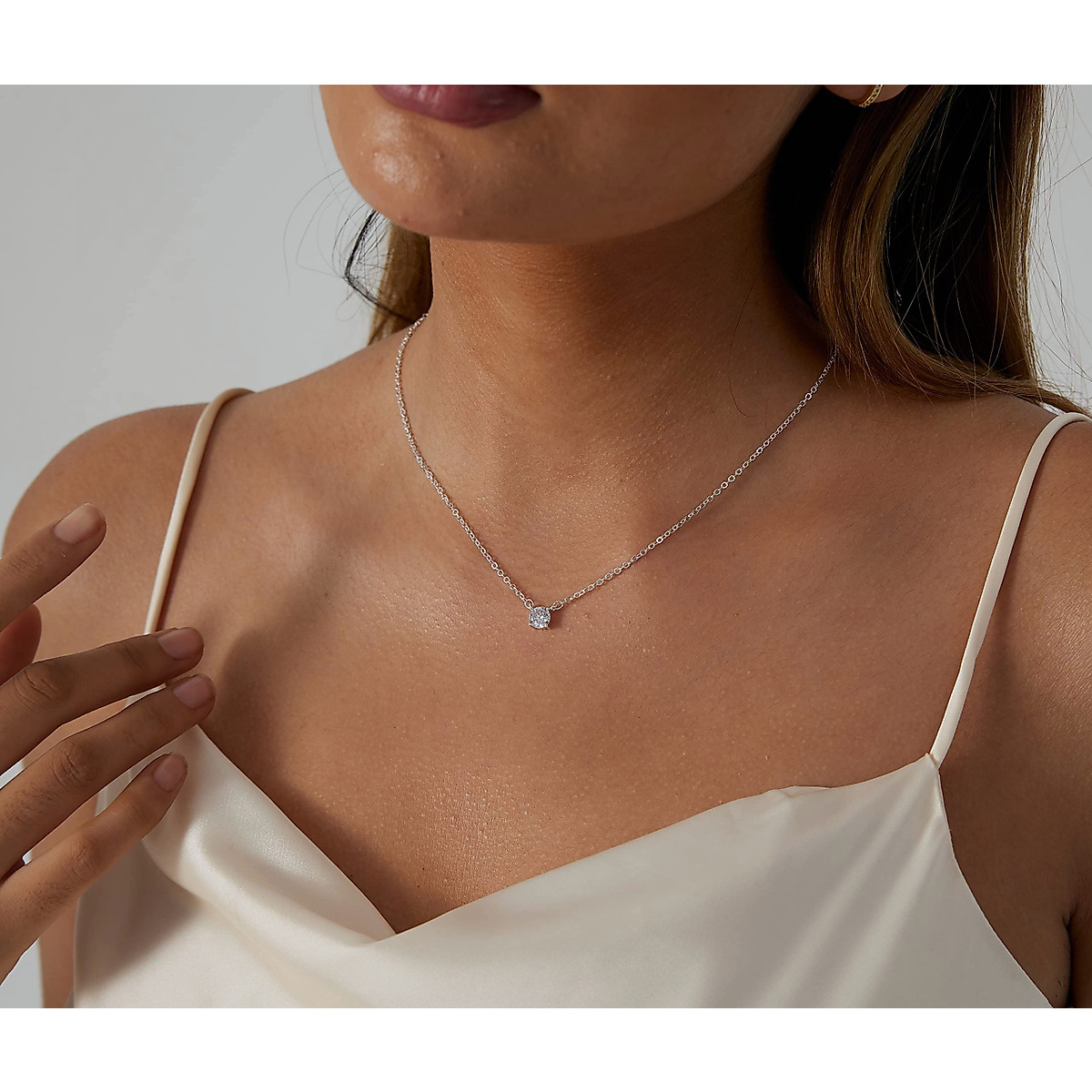 Kyerlyn Diamond Solitaire Pendant Necklaces for Women Filled CZ Necklace Silver Plated Necklace Cubic Zirconia Adjustable Necklace Delicate Simple Jewelry Mothers Day Gift