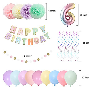 6th Birthday Decorations for Girls Boys, 40 Inch Rainbow Gradient Number 6 Balloon, 6th Birthday Balloon, Happy Birthday Banner, Children’s 6th Birthday Party Supplies for Kids